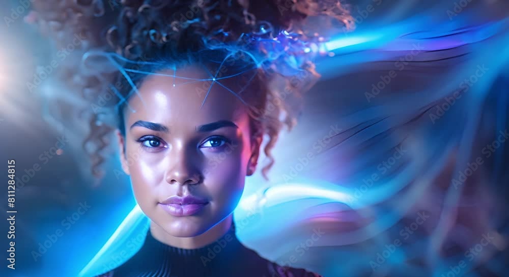 A portrait of a black woman with curly hair with a neural network ...