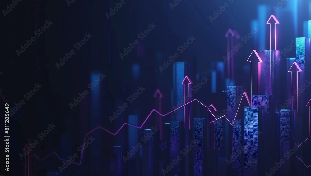 Blue stock market graph with upward arrows on dark blue background ...