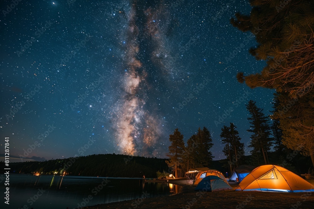 Foto de A tent is pitched next to a lake under a night sky filled with ...