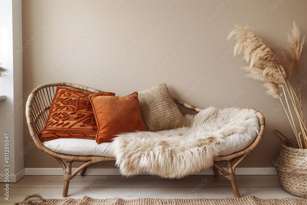 Wicker chaise lounge sofa with terra cotta pillows and fur plaid near ...