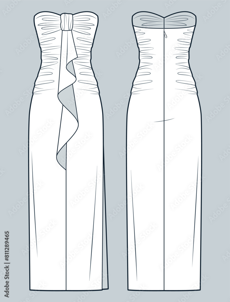 Draped Maxi Dress technical fashion illustration. Bustier Dress fashion ...
