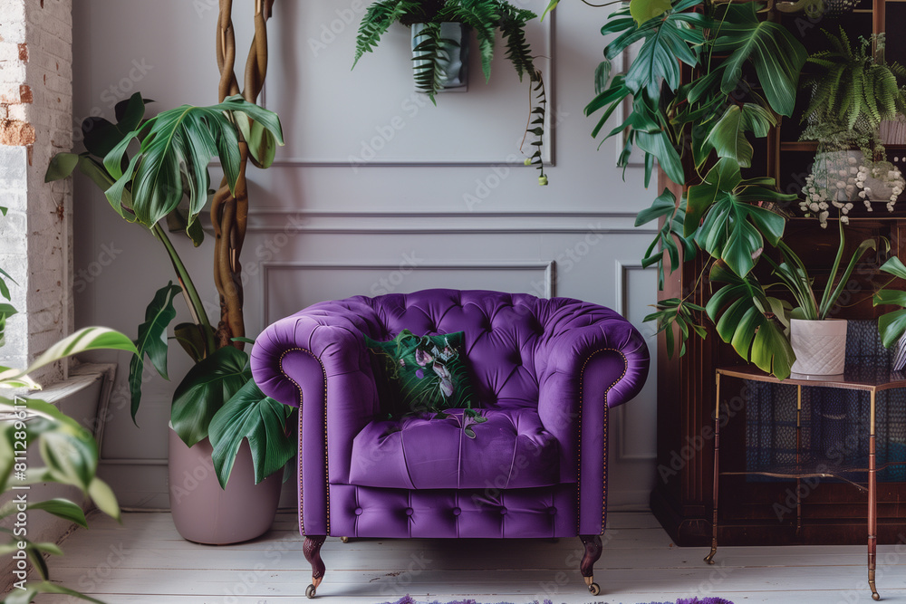 Purple tufted snuggle chair. Boho home interior design of modern living ...