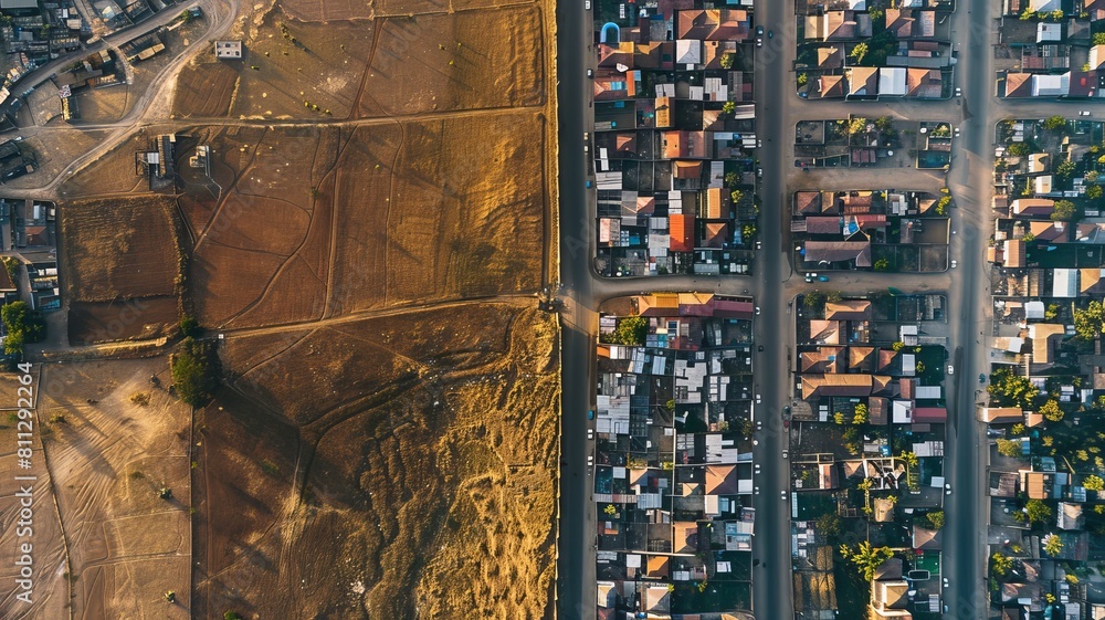 An overhead photo of a country border with poverty on one side the ...