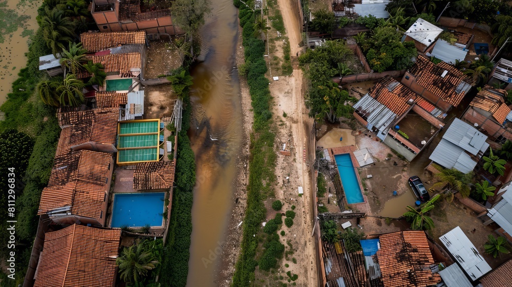 An overhead photo of a country border with poverty on one side the ...