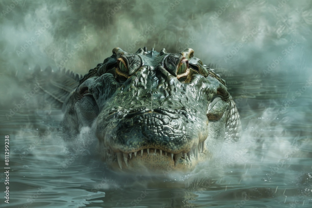 A prehistoric-looking alligator swimming in a murky body of water, A ...
