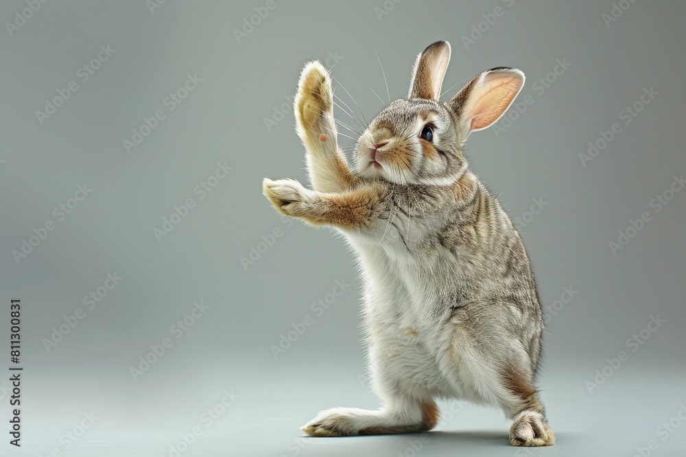 A rabbit standing upright, balancing on its hind legs with its front ...