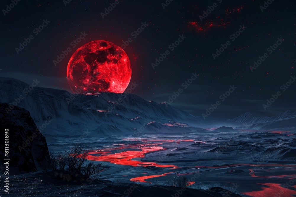 Red moon hangs low over snowy mountains, A red moon hanging low in the ...