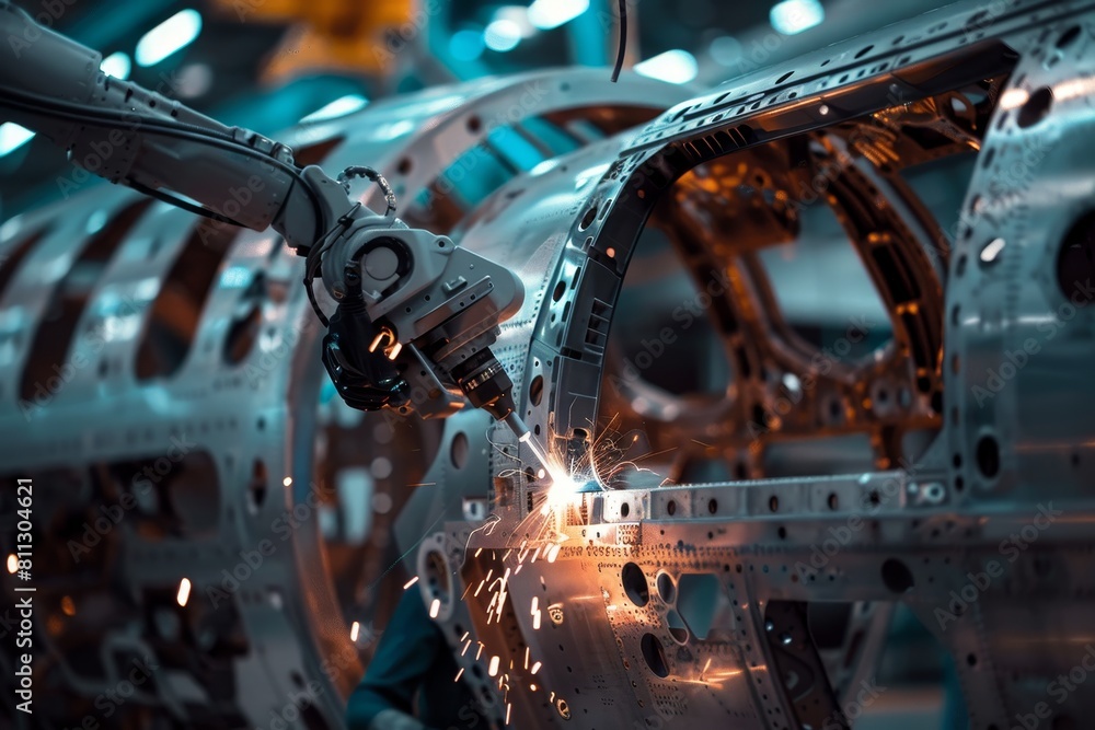 Close-up view of a machine generating sparks while welding a cracked ...