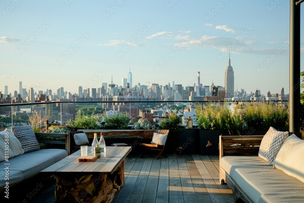 A city skyline is seen from a rooftop terrace, A rooftop terrace with ...