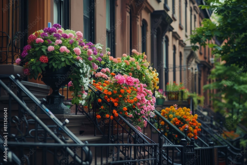 Colorful flowers blooming on the side of a brownstone building, A row ...