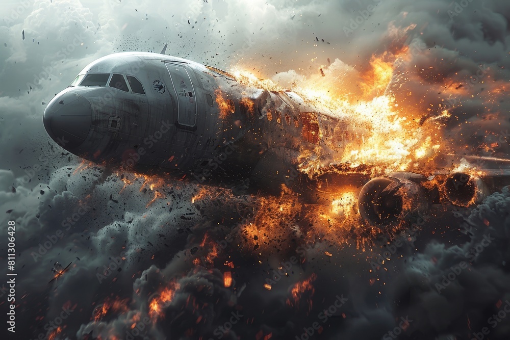 A dramatic depiction of an airplane in distress, with fiery explosions ...