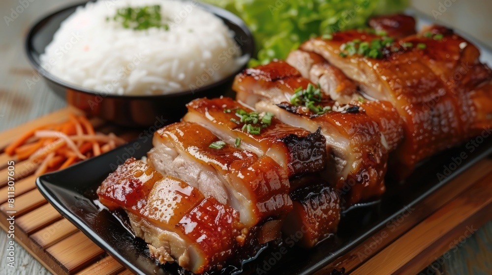 Crispy Filipino Lechon Kawali with White Rice on a Plate. Asian Cookery ...