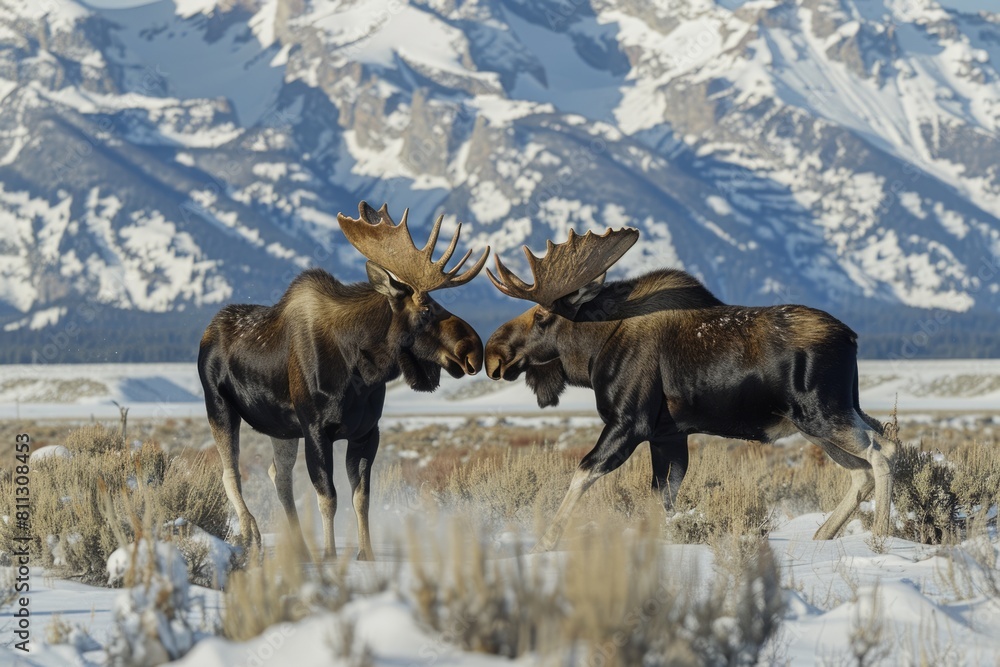 Bull Moose Fight in Grand Teton National Park, USA. Stunning Cervid ...