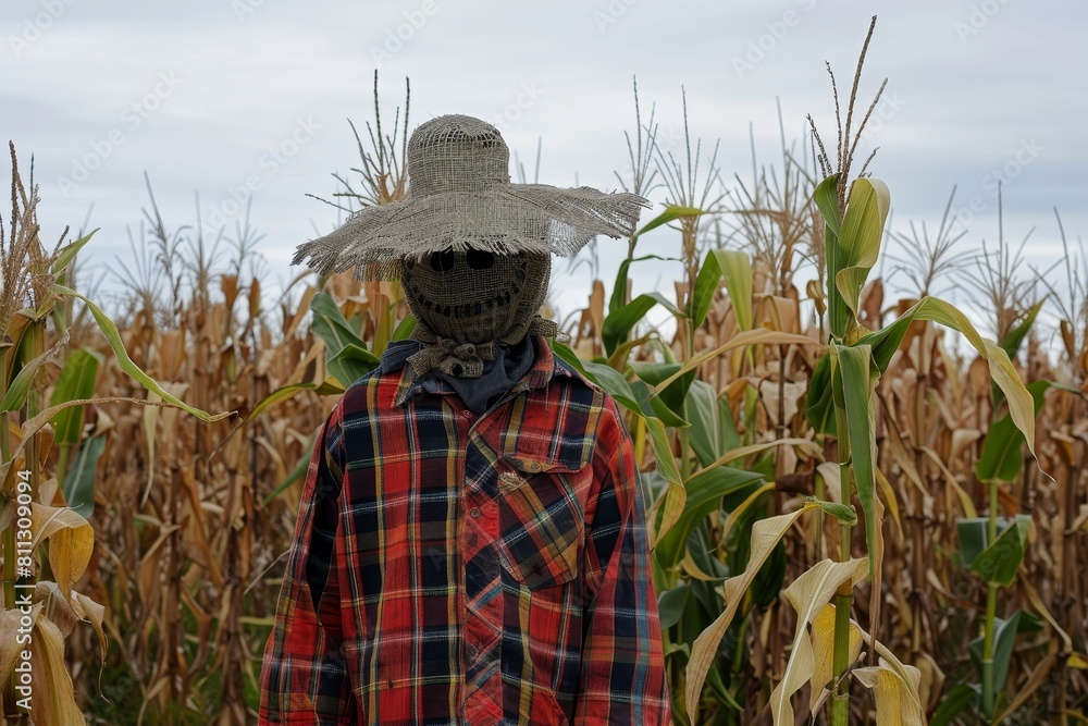 Scarecrow standing tall in a corn field, protecting the crops from ...