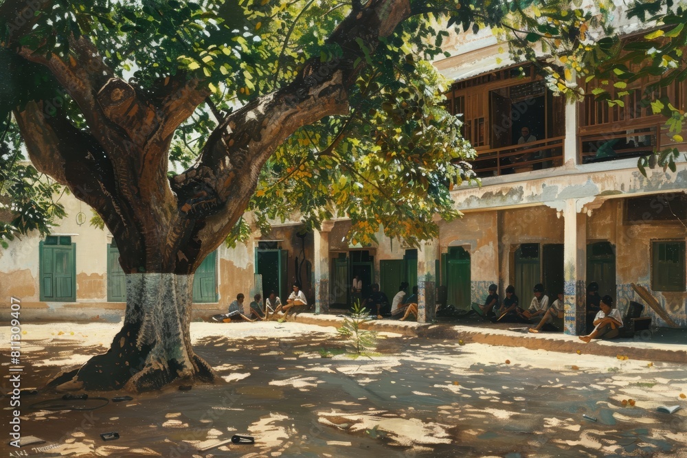 Students sitting under a tree, studying and socializing, A school ...