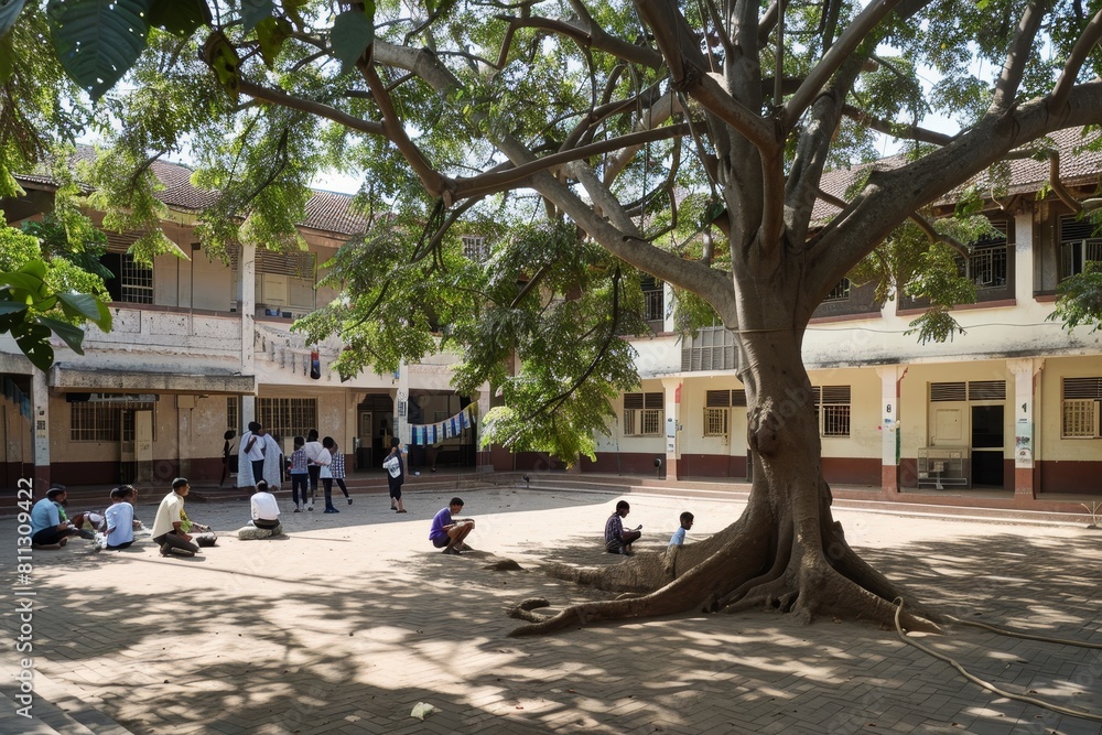 Foto de Group of students sitting under a tree in a courtyard, engaged ...