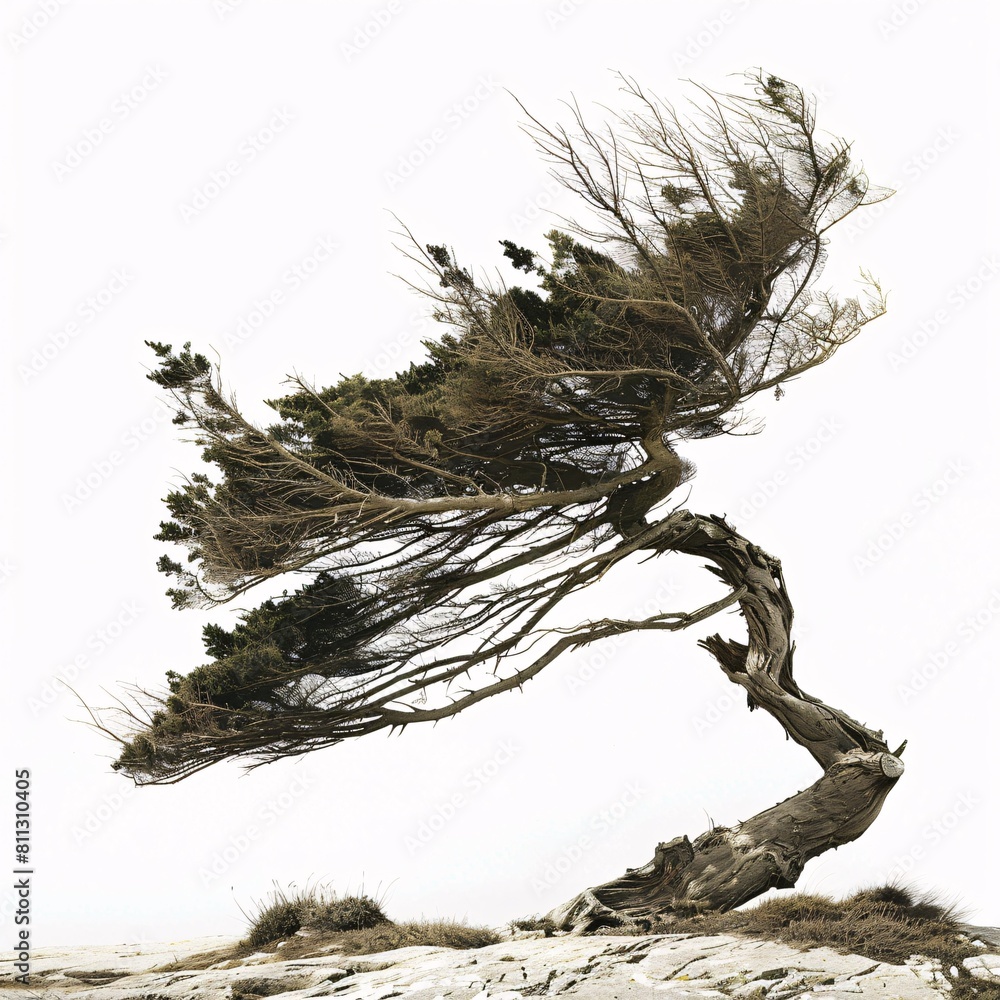 Tree bending gracefully from right to left, undeterred by the strong ...