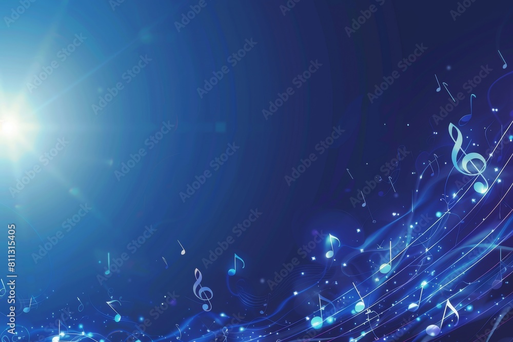 blue background with musical notes and music staff, music elements ...
