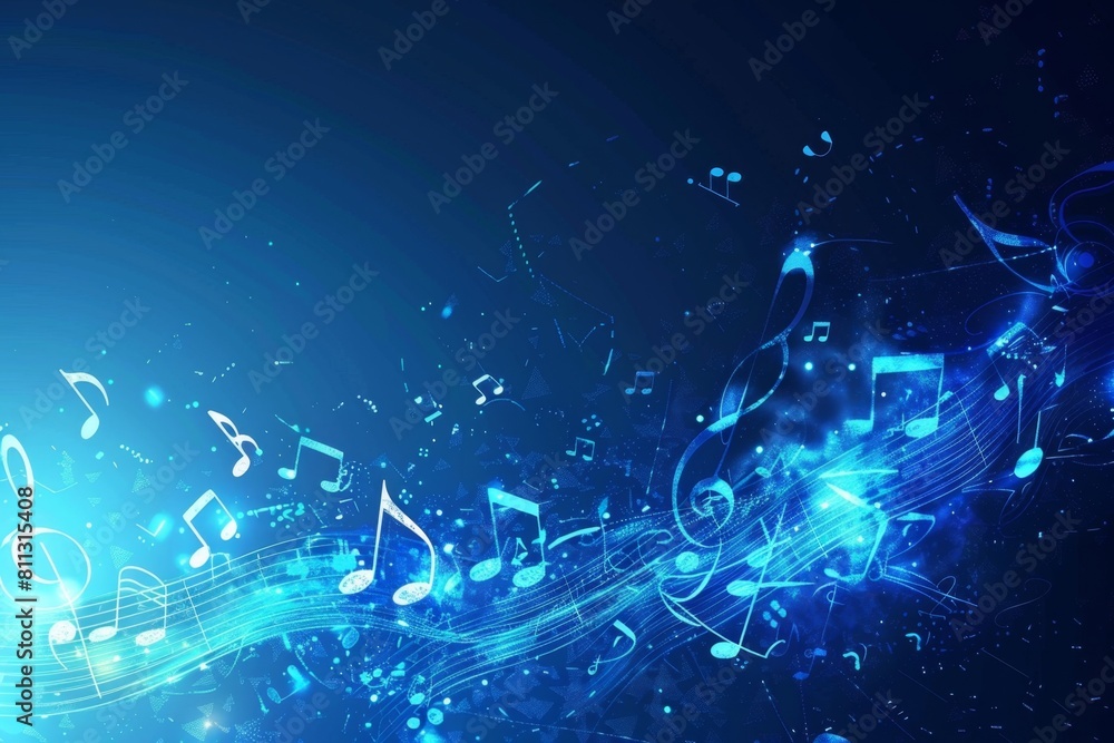 blue background with musical notes and music staff, music elements ...