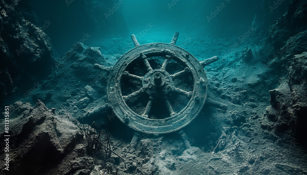 Ship's wheel from the wrecked ship underwater still life. Main ship's ...