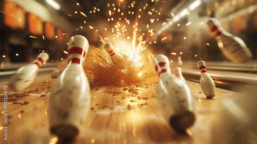 Amazing 3D rendering of a bowling strike. The pins explode in a shower ...