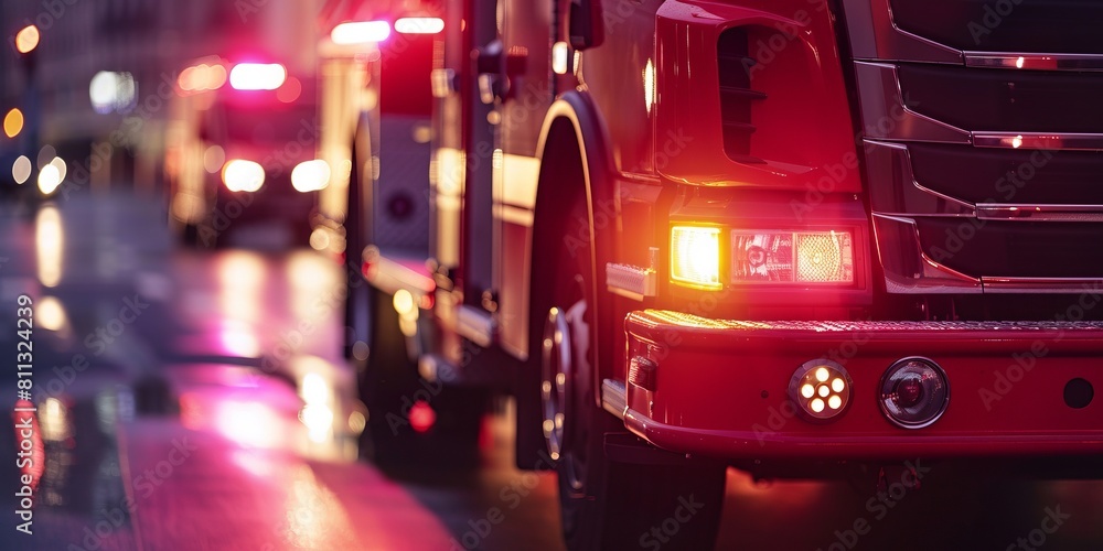 A detailed view of a fire truck with its emergency lights on ...