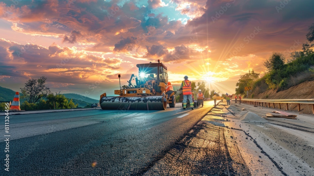 Construction site is laying new highway asphalt road pavement, road ...