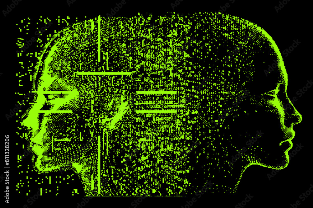 Glitchy pixelated green 3D human faces on dark background. Conceptual ...