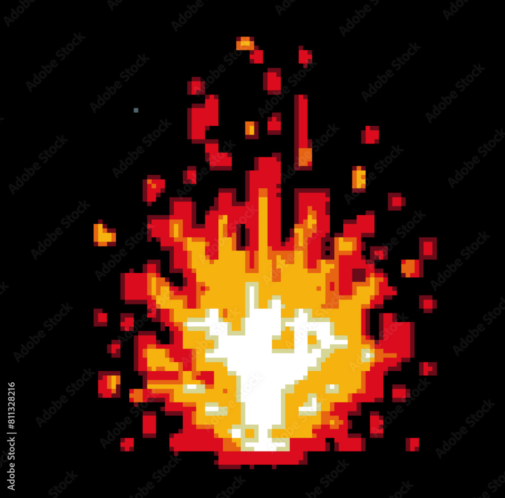 Pixelated image of burning flame on a dark background. Game element in ...