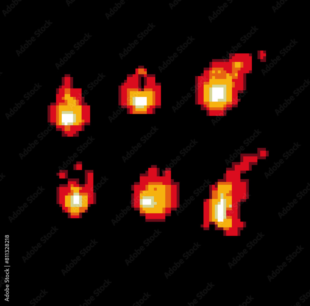 Pixel art 8-bit fire flames, explosion flashes and cartoon sparks set ...