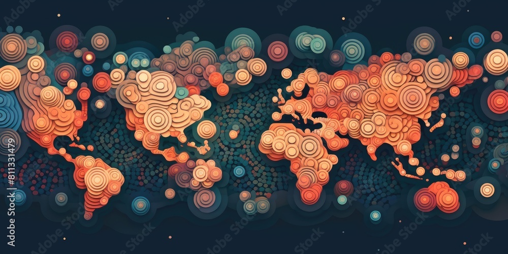 Stylized world map composed of multicolored circles on a white ...