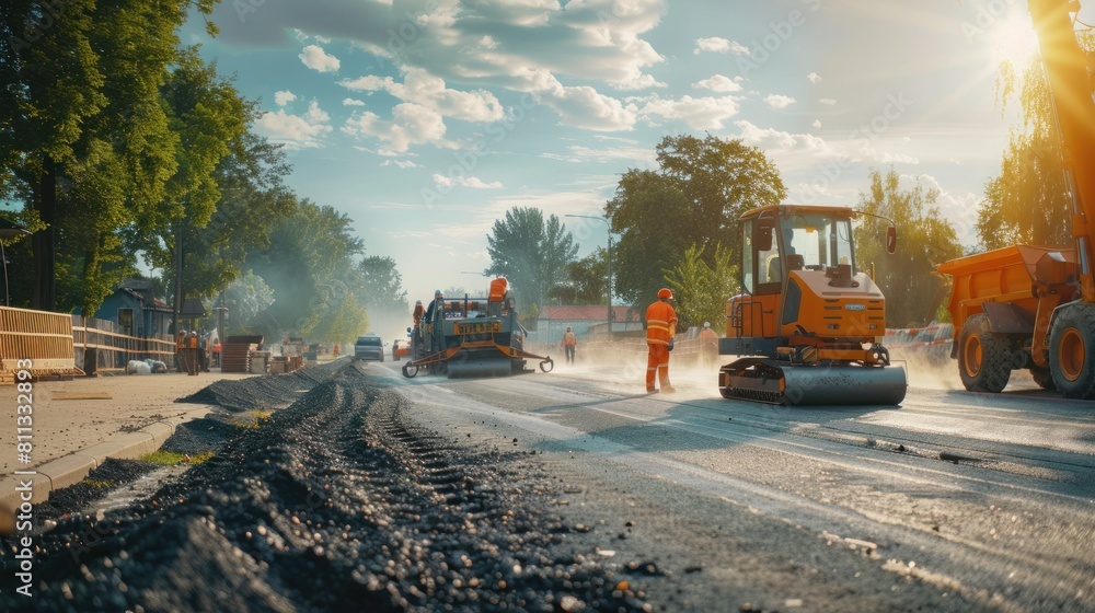 Construction site is laying new highway asphalt road pavement, road ...