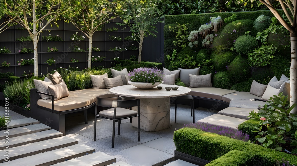 A contemporary modular dining set with sectional seating and a round ...