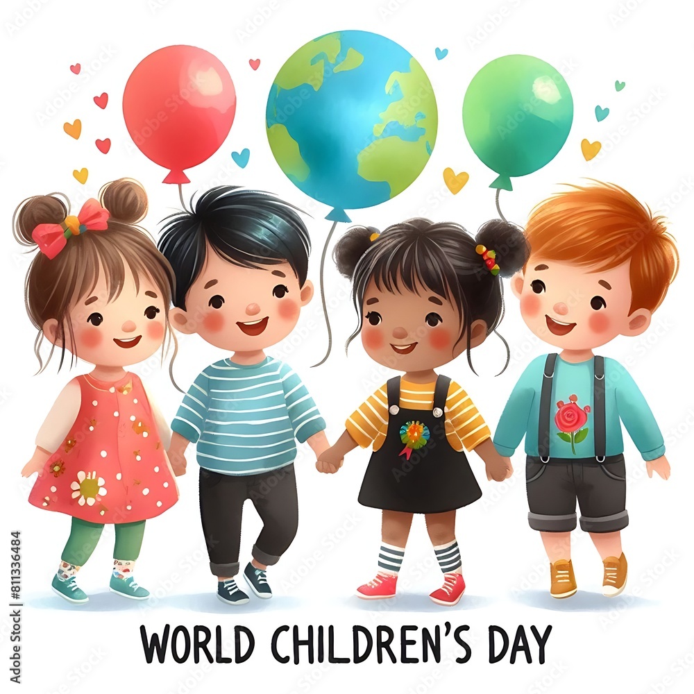The image shows four cartoon children holding hands, two of them ...