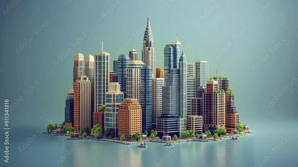A city is shown in a 3D model, with a large skyscraper in the middle ...