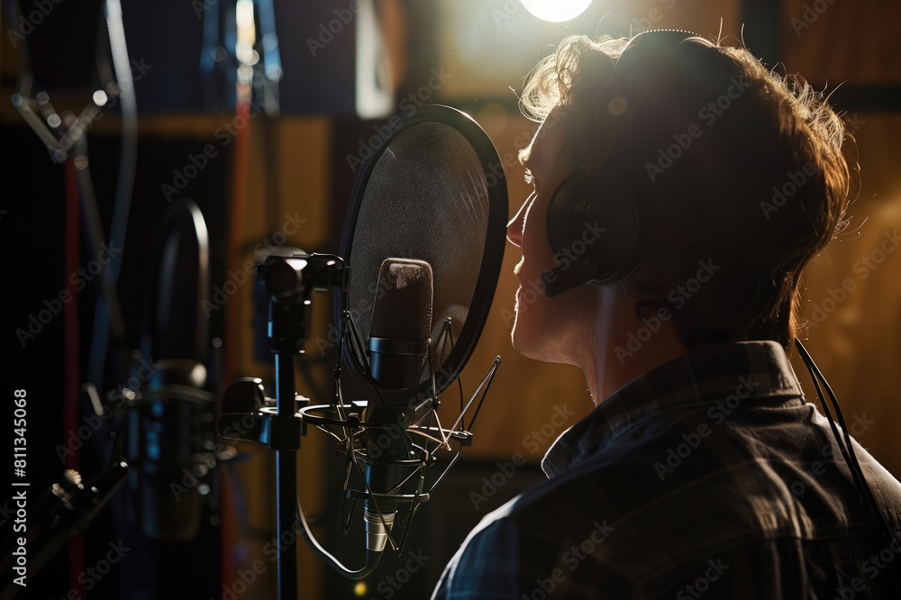Male voiceover actor in recording studio talking into microphone. Stock ...