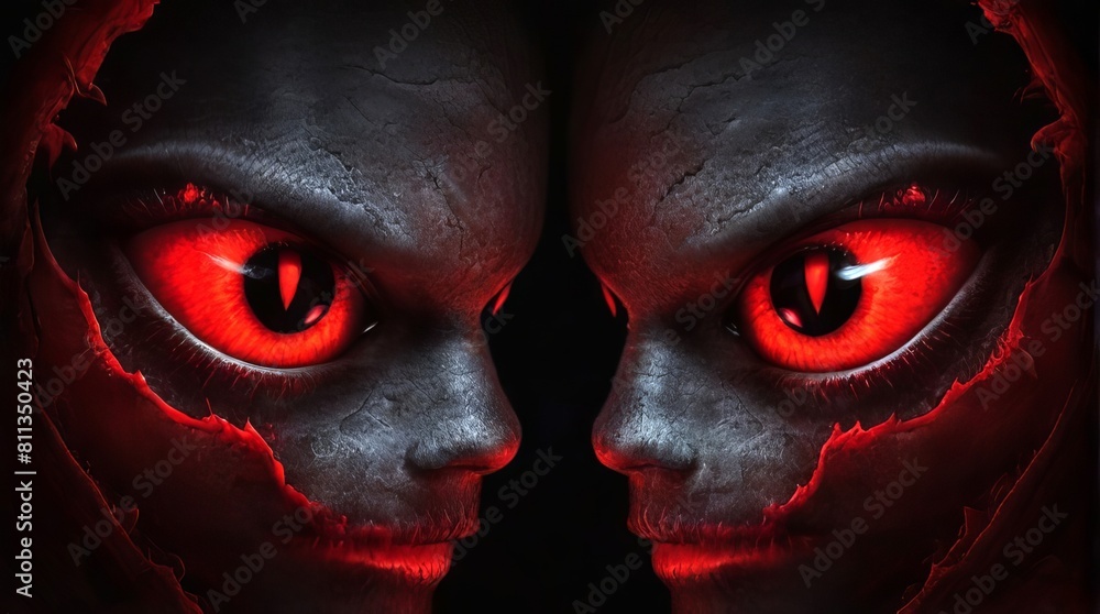 Intense demonic faces with glowing red eyes. Devils with vibrant eyes ...
