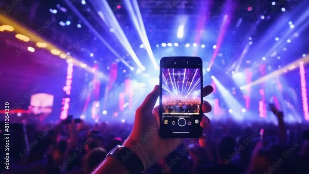 Hand with a smartphone records live music festival and taking photo of ...