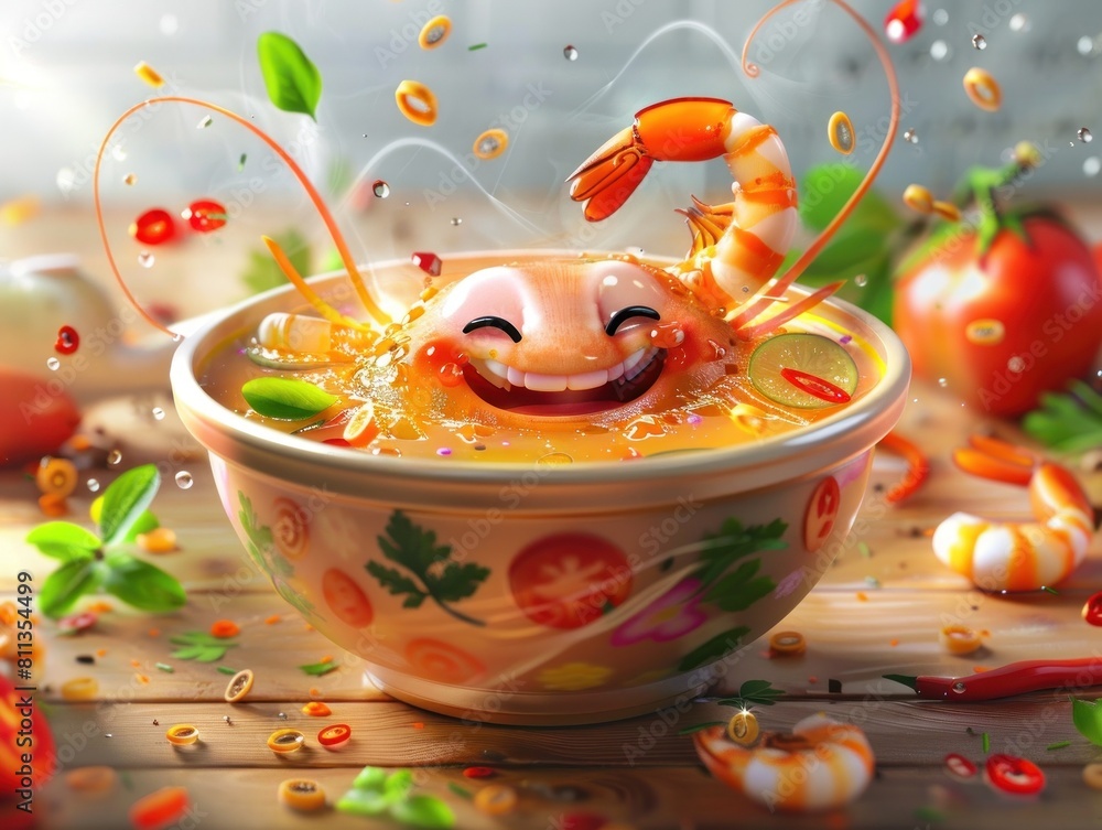 An energetic bowl of Tom Yum soup in a cartoon style bursting with ...