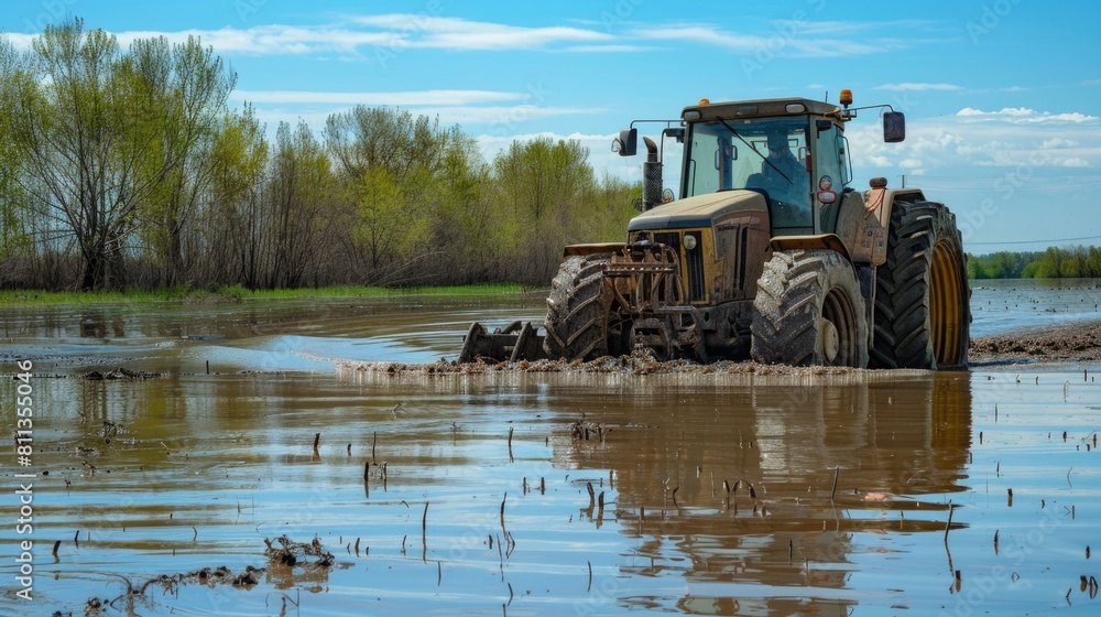Flooded Farmland: Tractor and Cattle in Water. flooded farm with cattle ...
