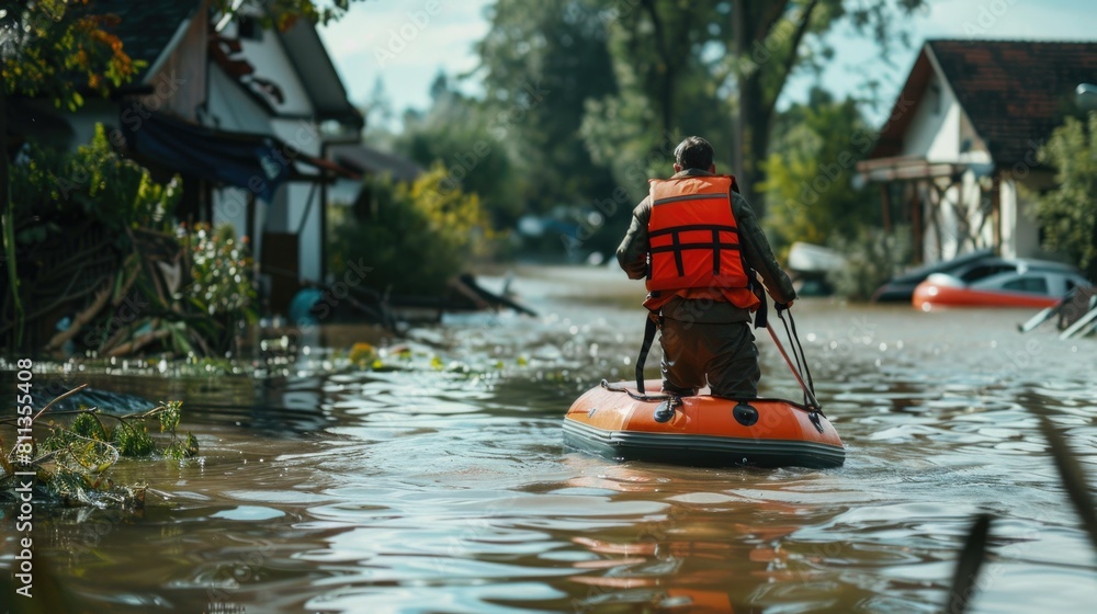 Emergency Response Team in Floodwaters. Photo highlights the urgency ...