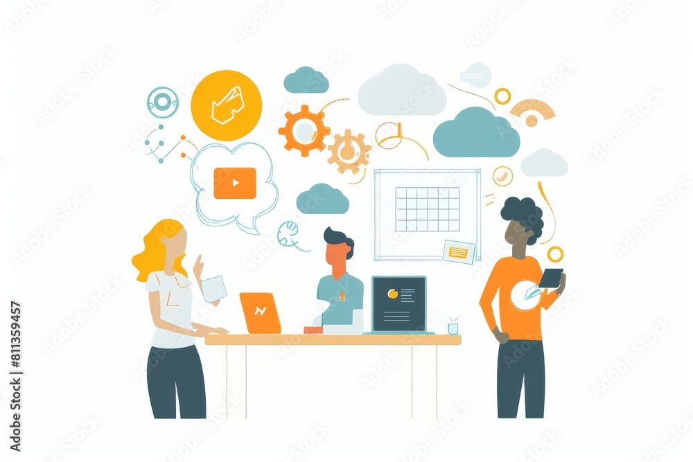 Laptop, hybrid cloud, and digital teamwork streamline interactive ...