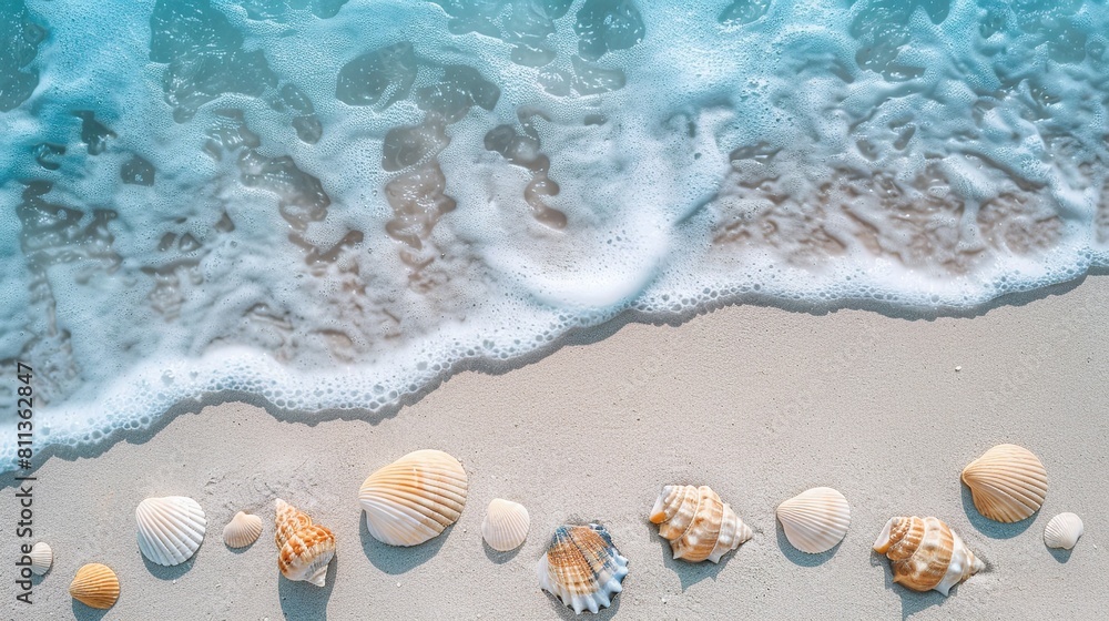 Beautiful beach with white sand, blue water and sea shells on the shore ...