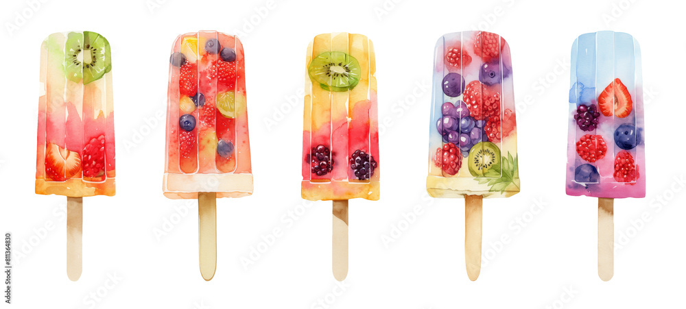 Set of watercolor colorful popsicles isolated on transparent background ...