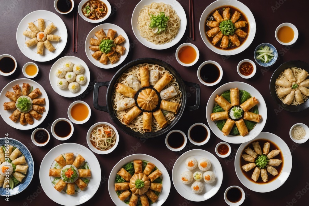 Assorted Chinese food set. Chinese noodles, fried rice, dumplings ...