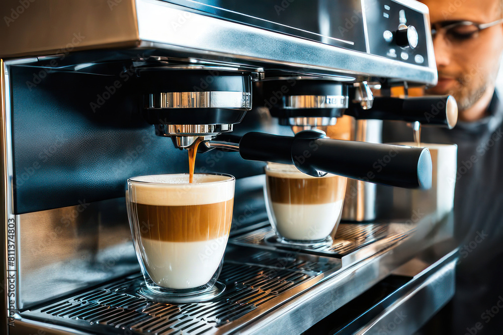 Professional espresso machine while preparing two espressos shot in a coffee shop. Close-up of ...