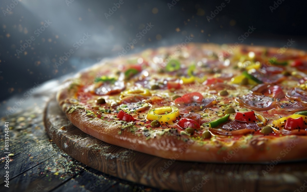 Appetizing pizza with colorful toppings spread on a rustic dark ...