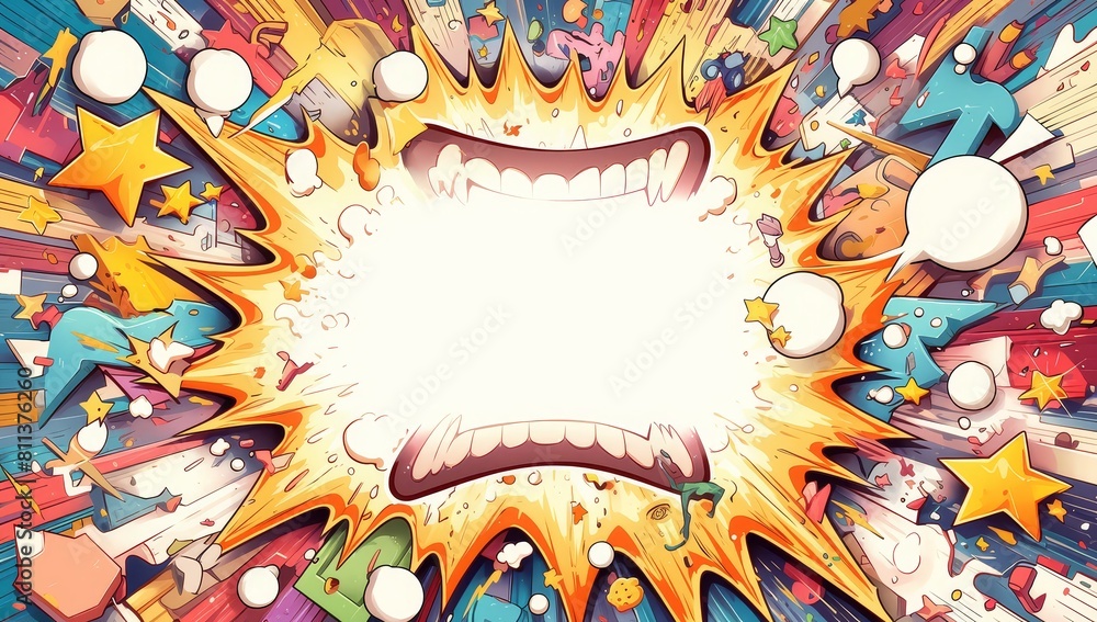 comic book pop art background with a large white space in the center, a ...