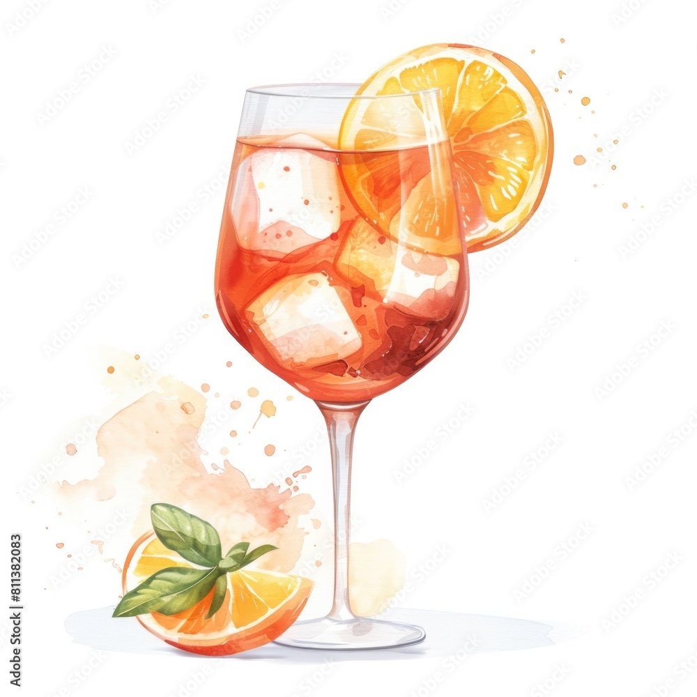 Watercolor Aperol Spritz cocktail illustration with orange, isolated on ...