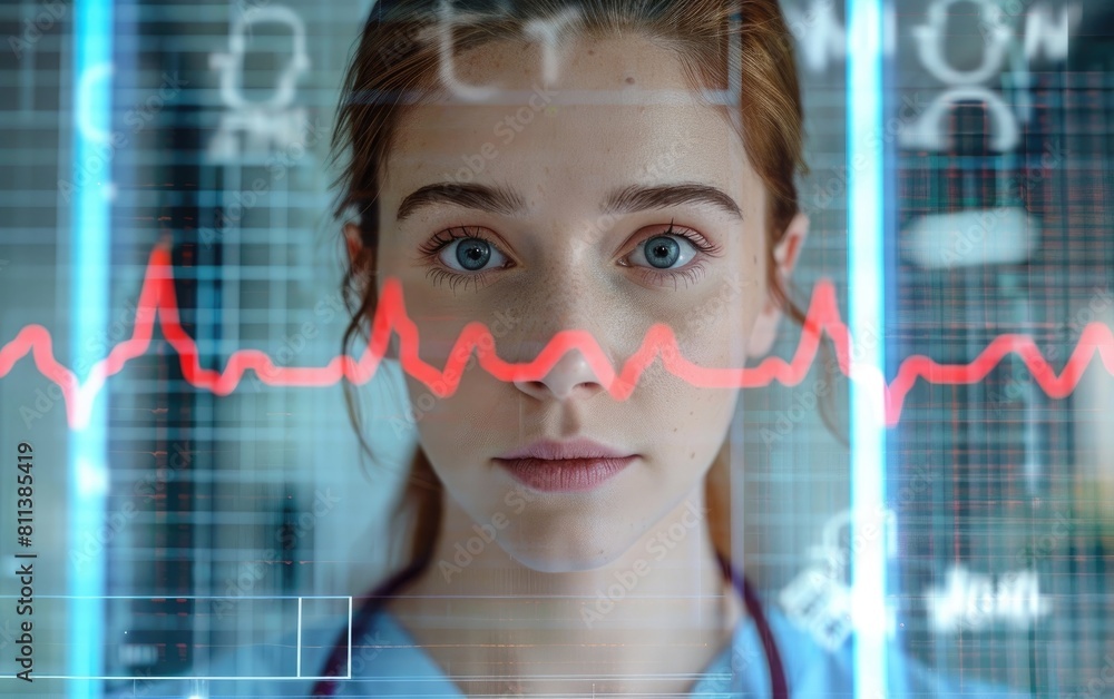 Female nurse analyzing a pulsating red EKG line on a grid background ...